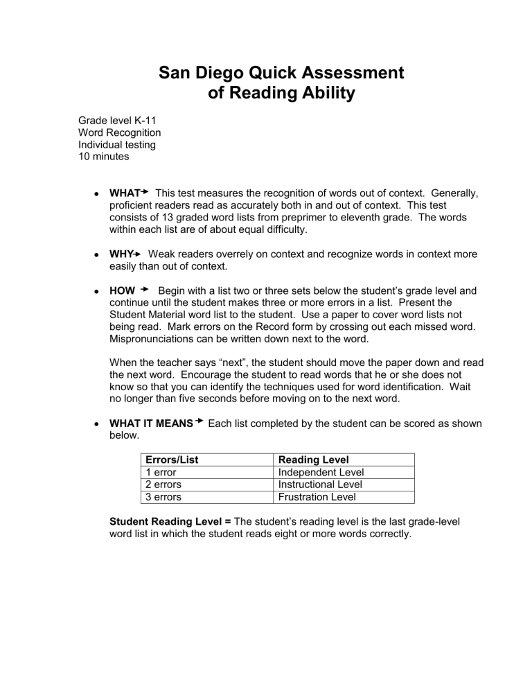 San Diego Quick Reading Assessment K-11