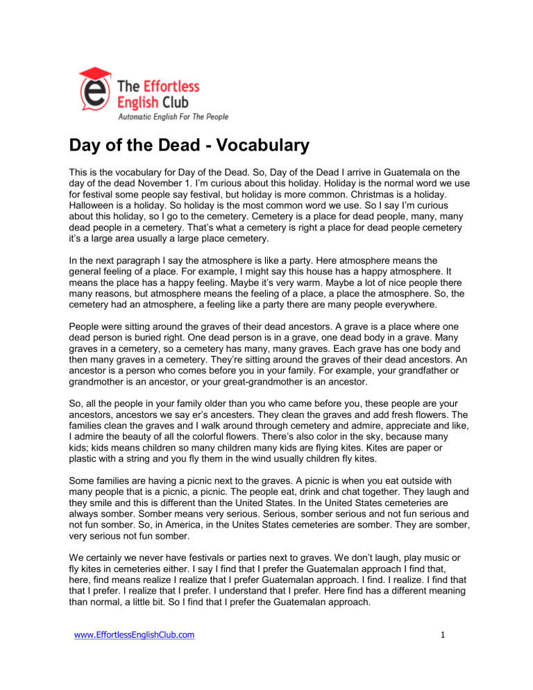 Day of the Dead Vocabulary Lesson