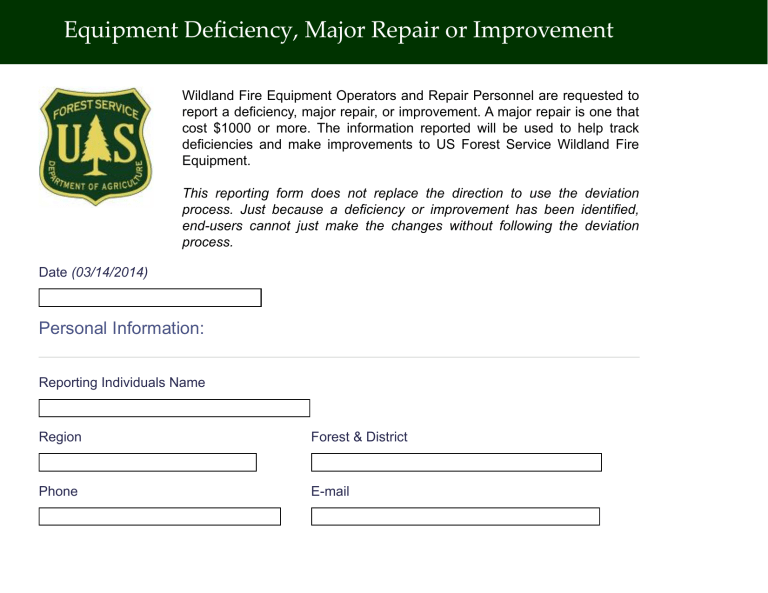 Wildland Fire Equipment Deficiency Report Form