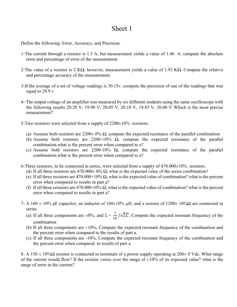 Electrical Engineering Measurement Worksheet
