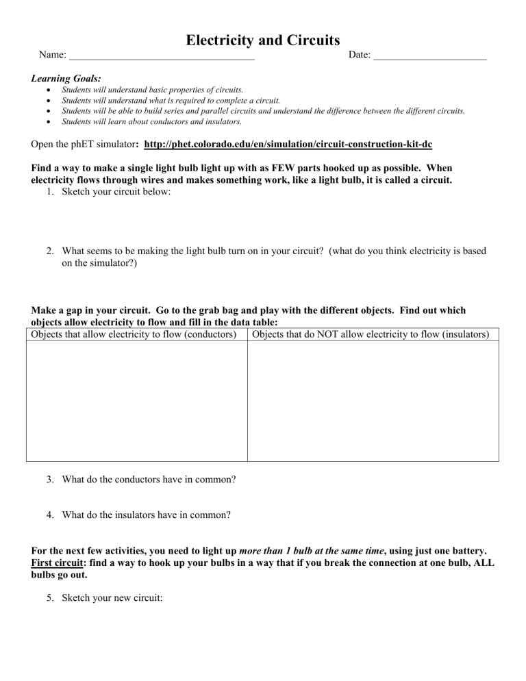 Electricity and Circuits Worksheet