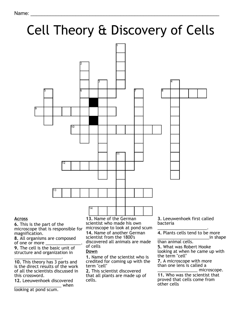 Cell Theory Crossword Puzzle
