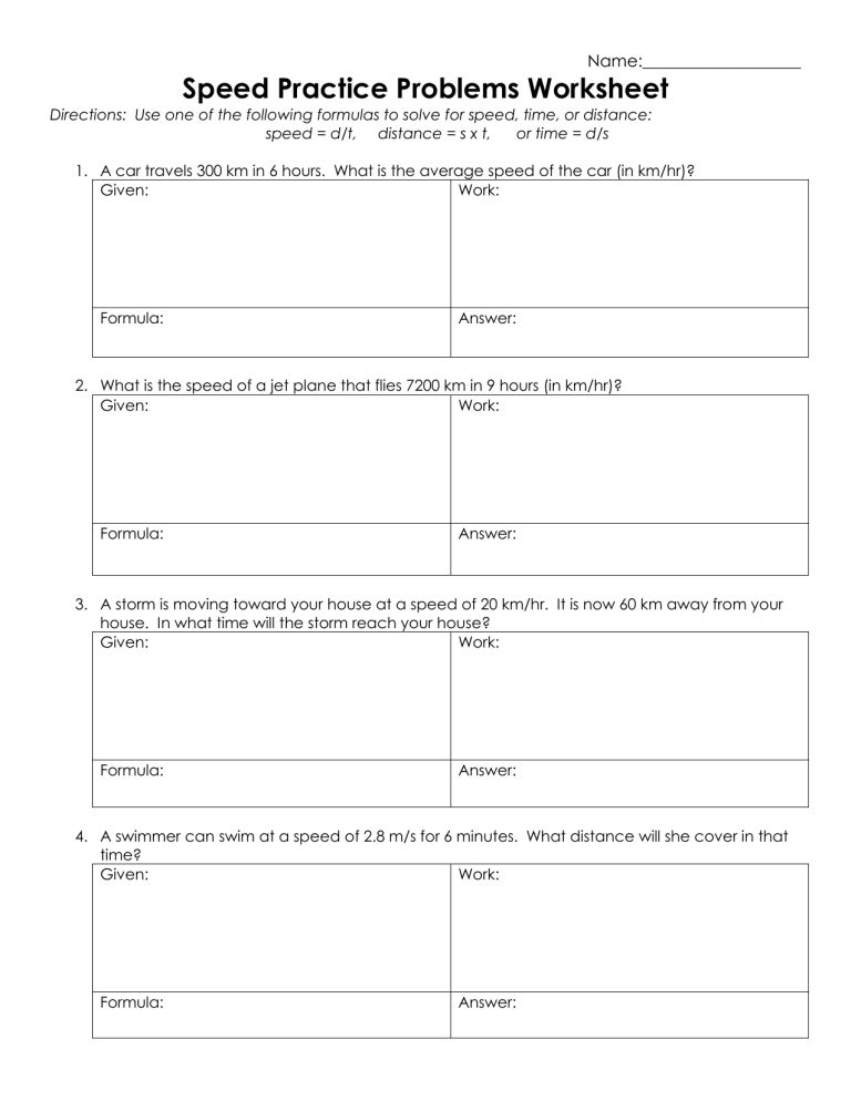 Speed Practice Problems Worksheet