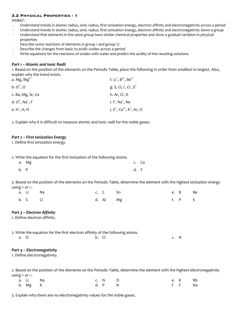 Physical Properties of Elements Worksheet