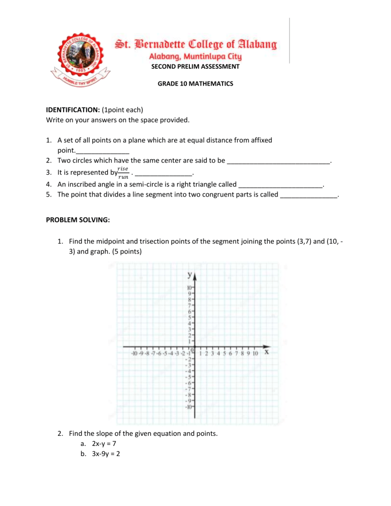 Grade 10 Math Assessment: Circles, Midpoints, Slope