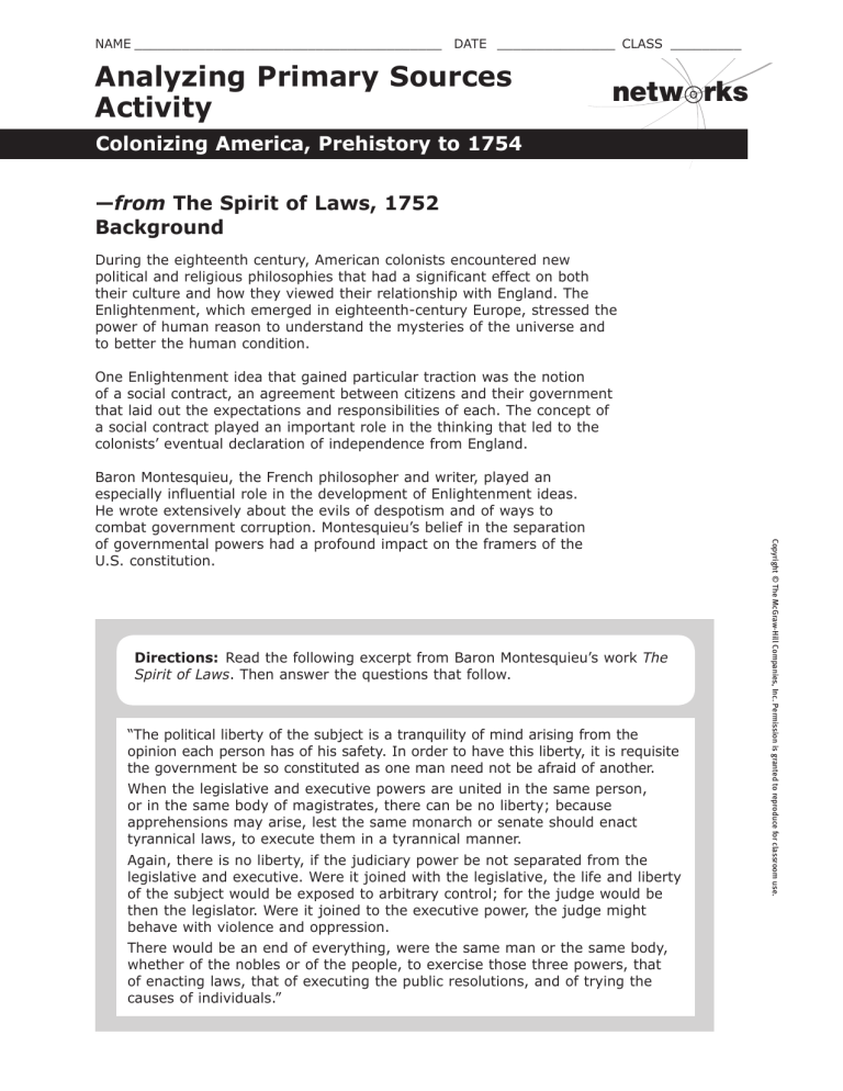 Montesquieu & US Constitution: Analyzing Primary Sources