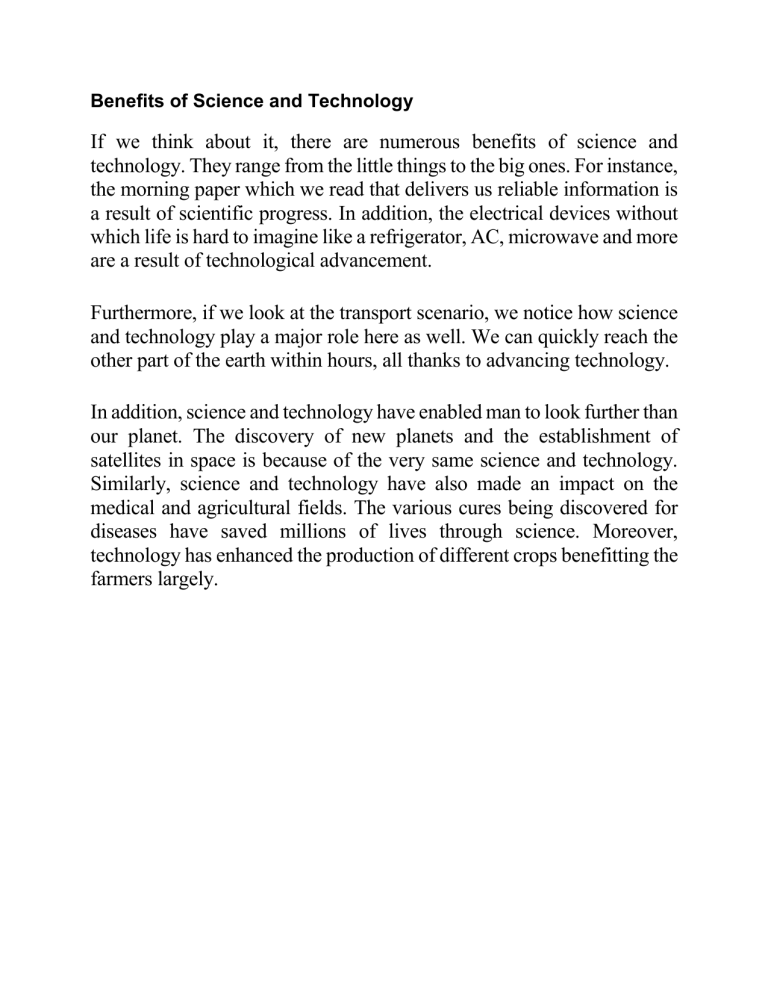 Benefits of Science and Technology