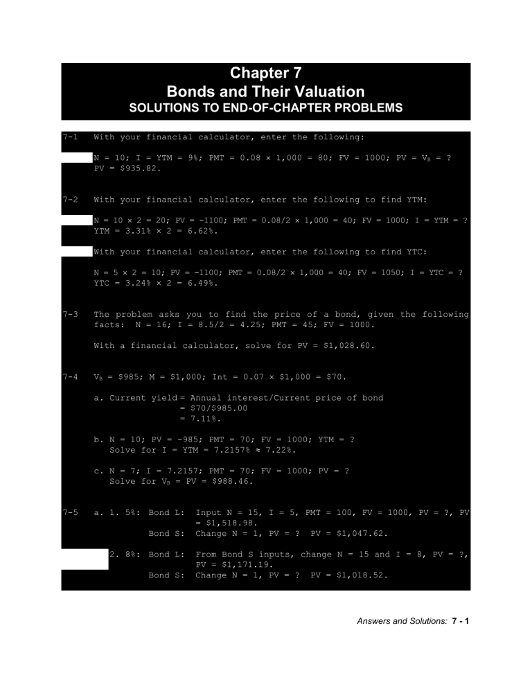 Bond Valuation Solutions: Chapter 7 Problems