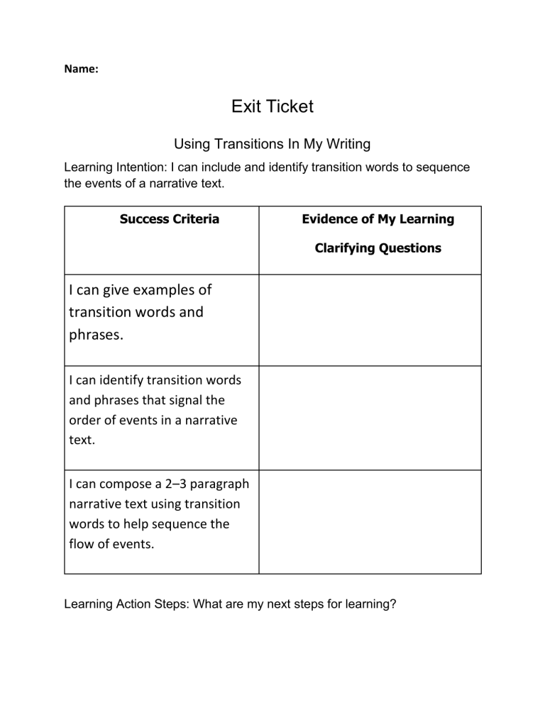 Transition Words Exit Ticket: Narrative Writing