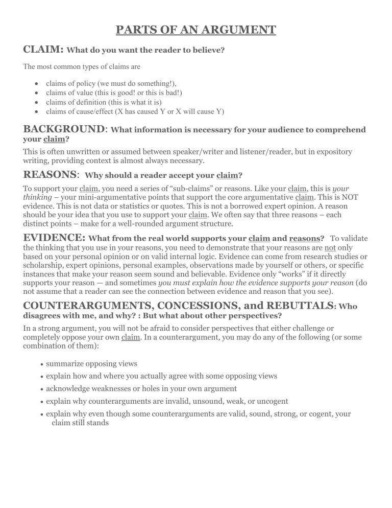 Parts of an Argument: Claim, Reasons, Evidence