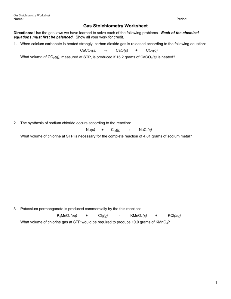 Gas Stoichiometry Worksheet