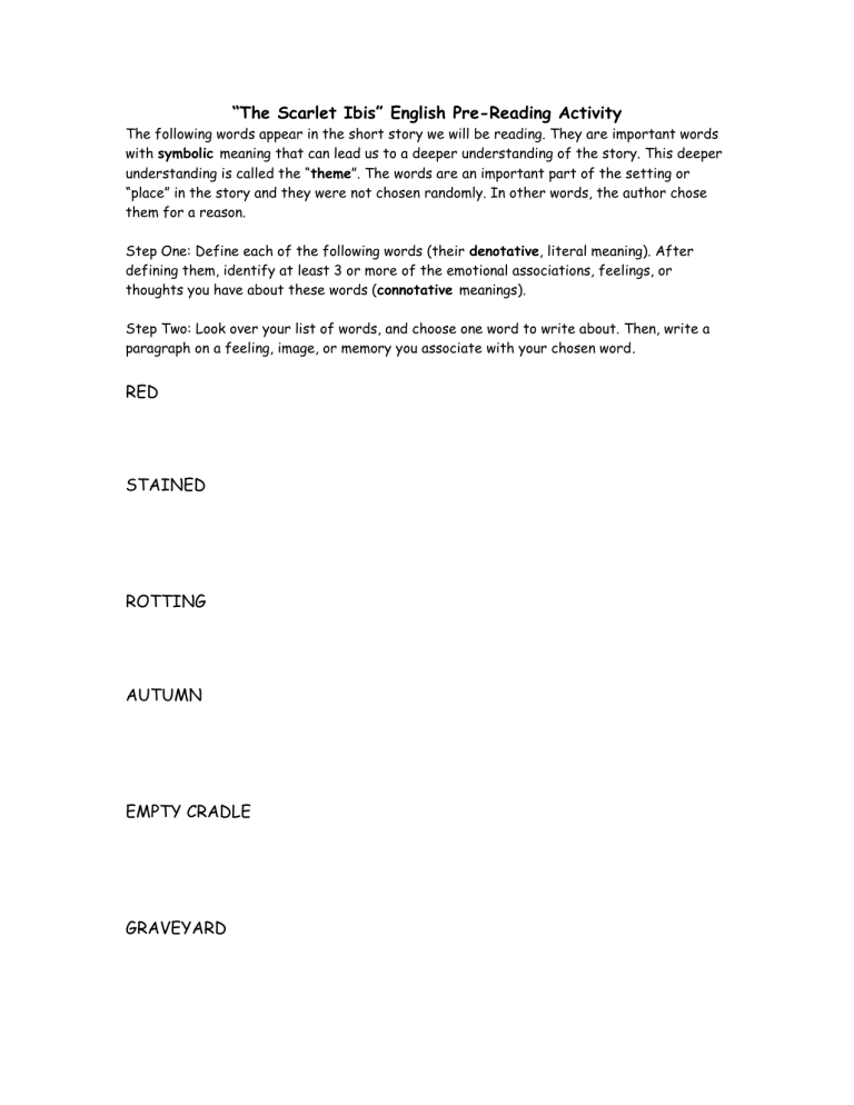 "The Scarlet Ibis" Pre-Reading Activity Worksheet