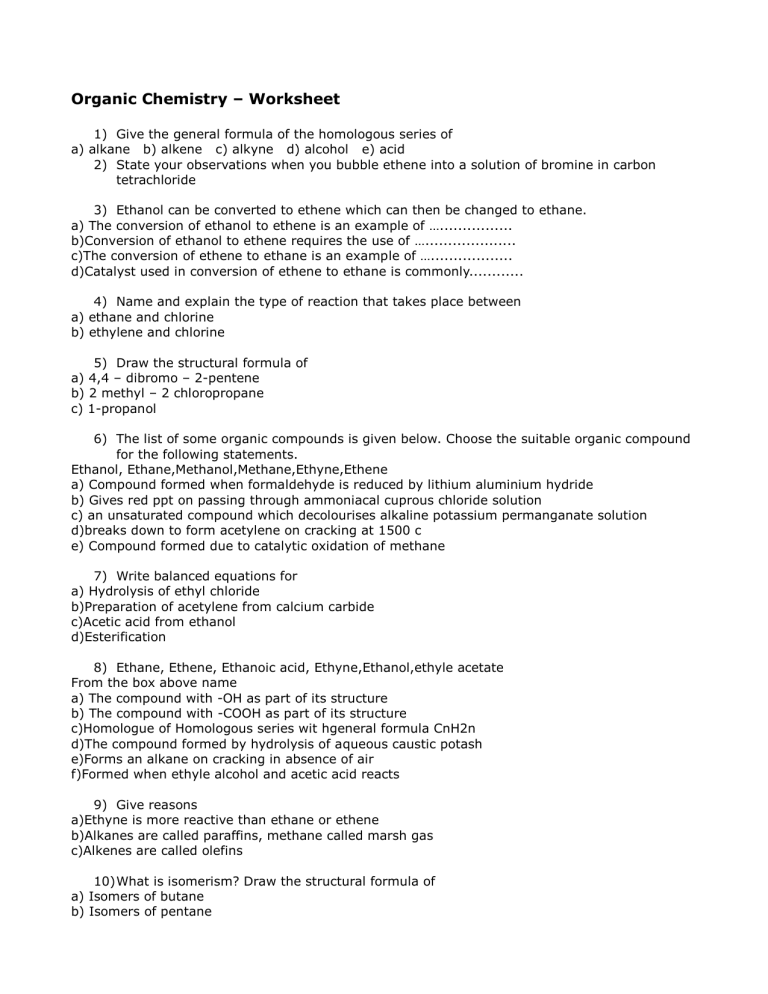 Organic Chemistry Worksheet: Alkanes, Alkenes, Alkynes