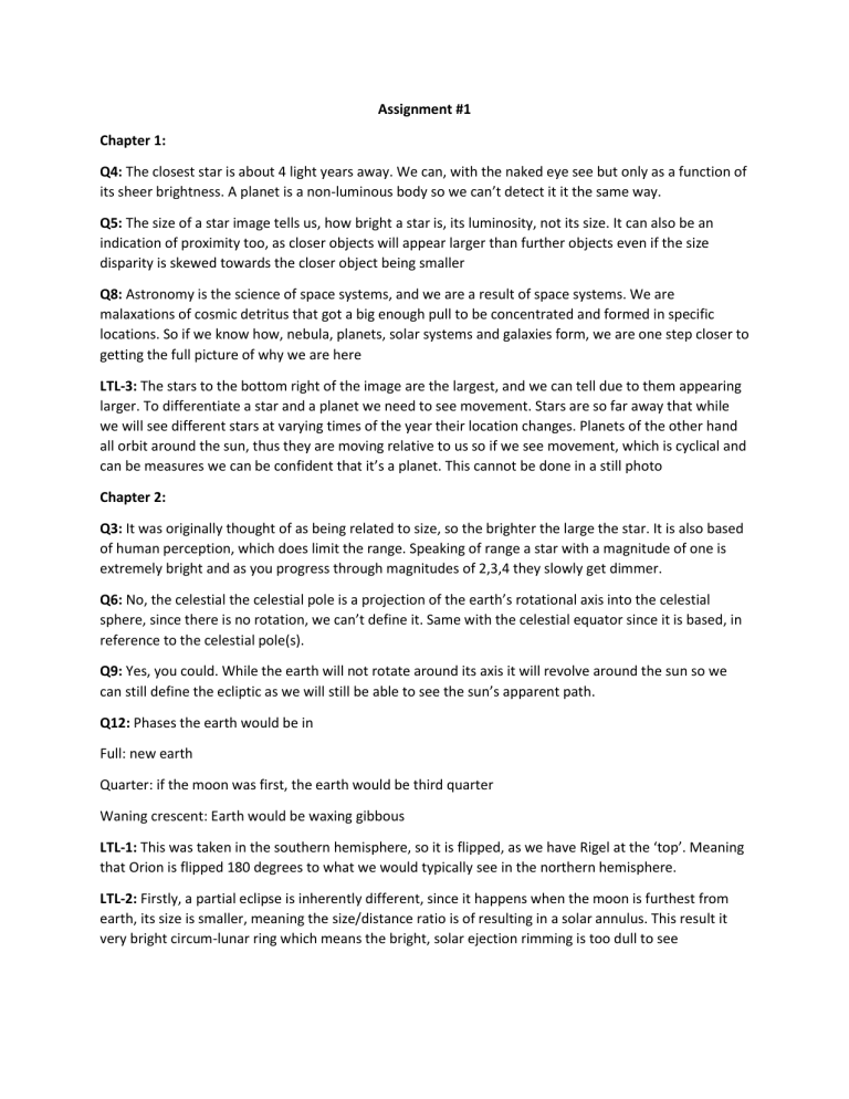 Astronomy Assignment: Stars, Planets, and Celestial Mechanics