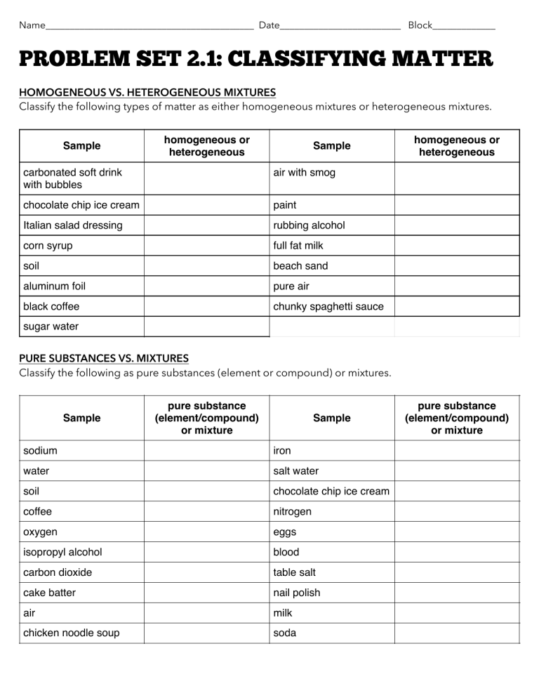 Classifying Matter Worksheet: Mixtures & Pure Substances