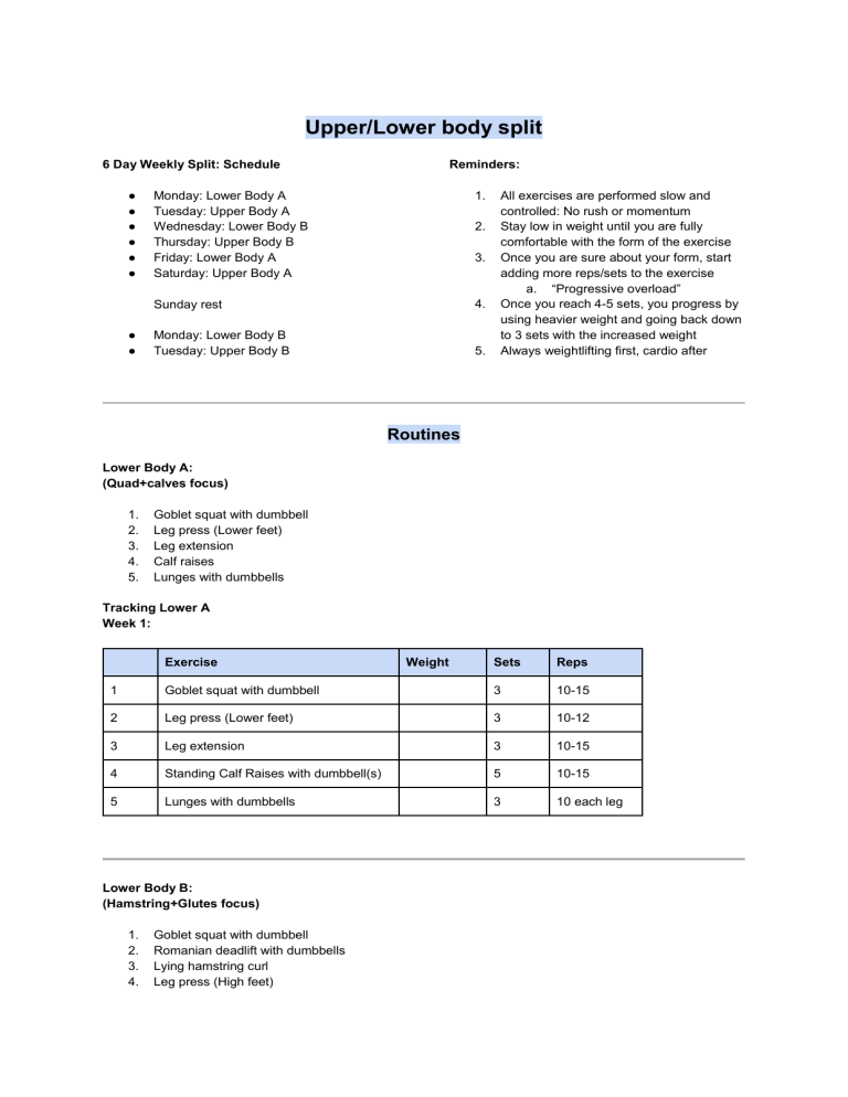 Upper/Lower Body Split Workout Plan