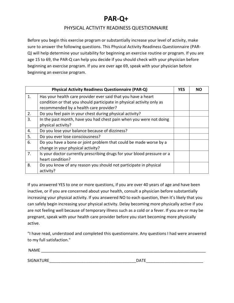 Physical Activity Readiness Questionnaire (PAR-Q+)