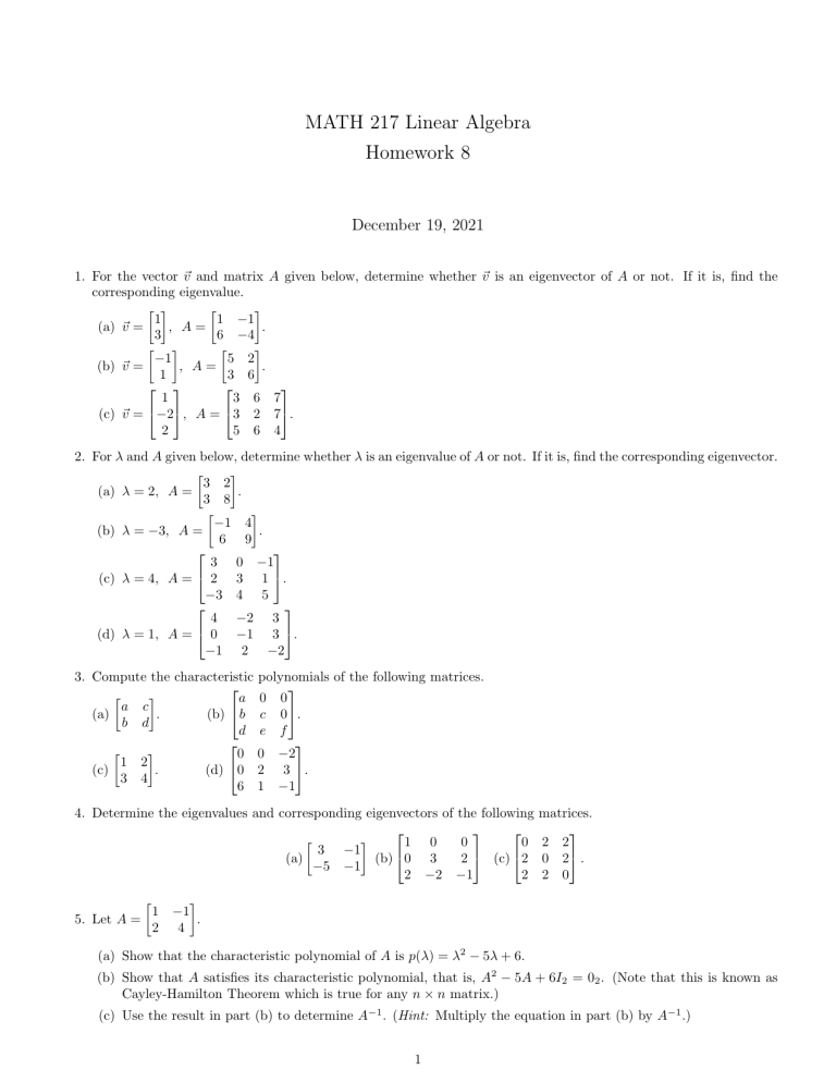 Linear Algebra Homework 8: Eigenvalues, Eigenvectors, Matrices