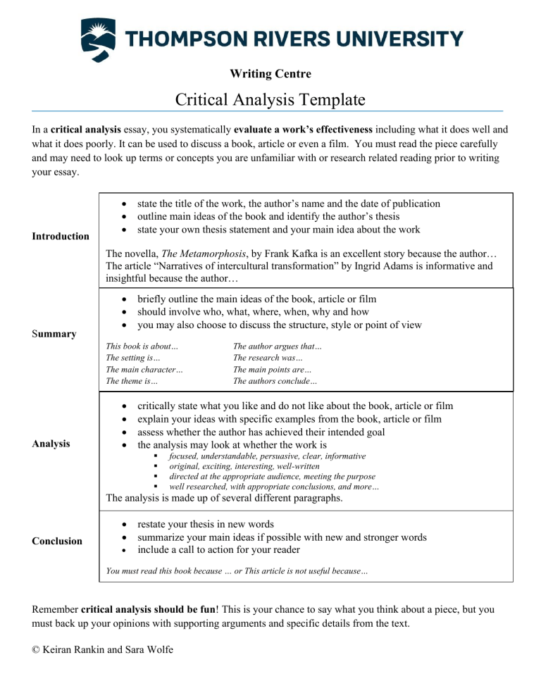 Critical Analysis Essay Template