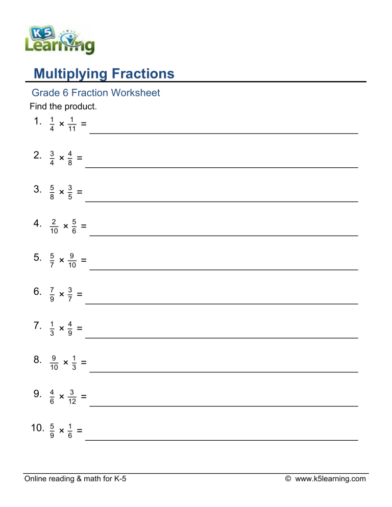 Multiplying Fractions Worksheet Grade 6