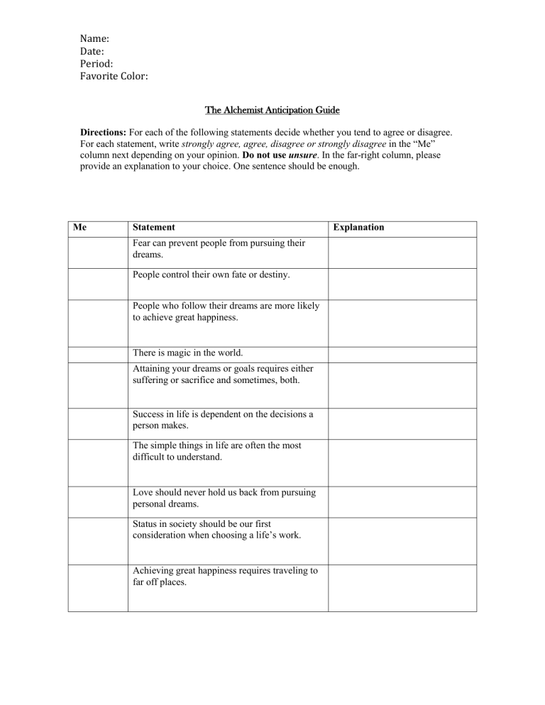 The Alchemist: Anticipation Guide & Pre-Reading Journal