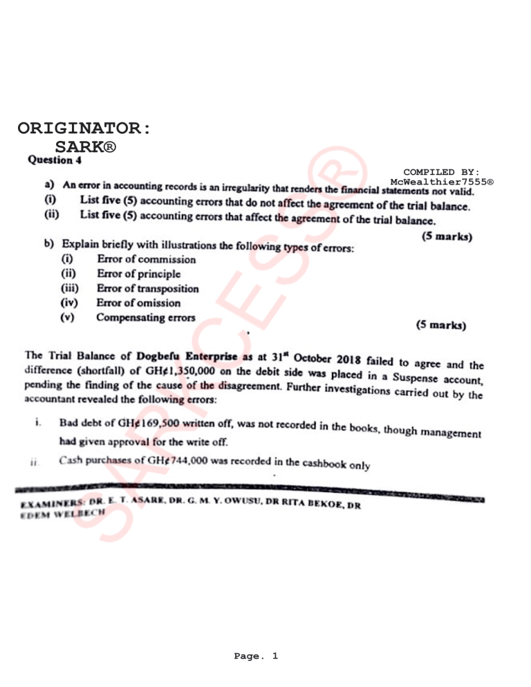 Accounting Errors Exam Paper - SARK®