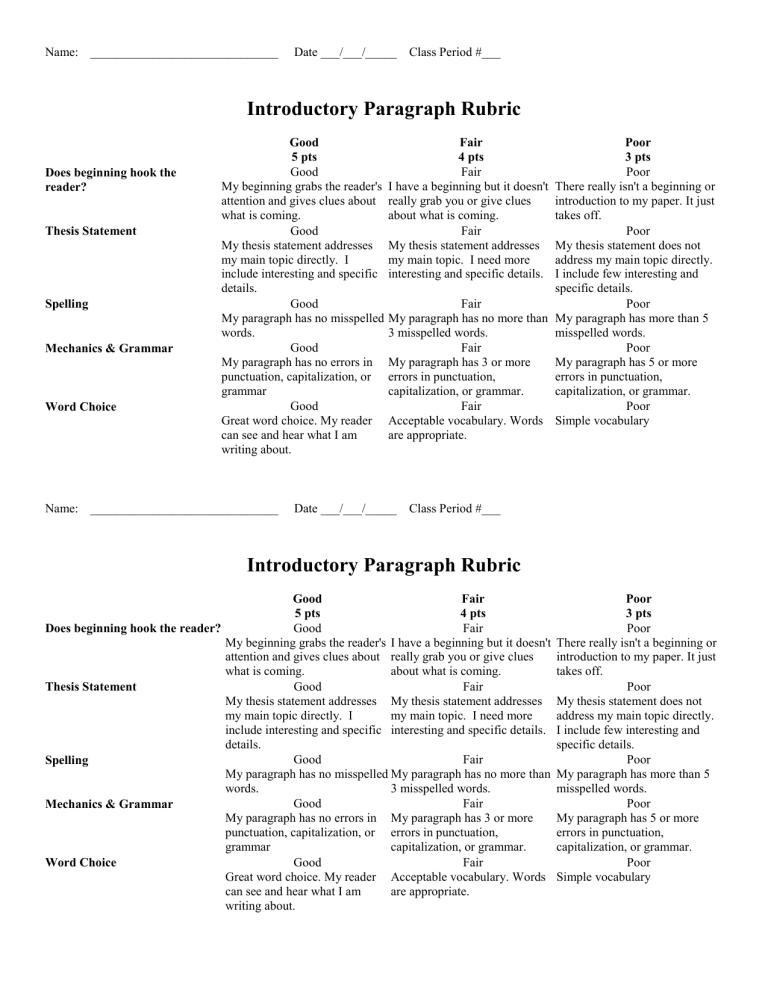 Introductory Paragraph Rubric: Writing Assessment