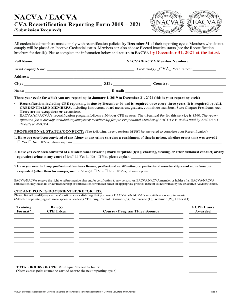 CVA Recertification Reporting Form 2019-2021