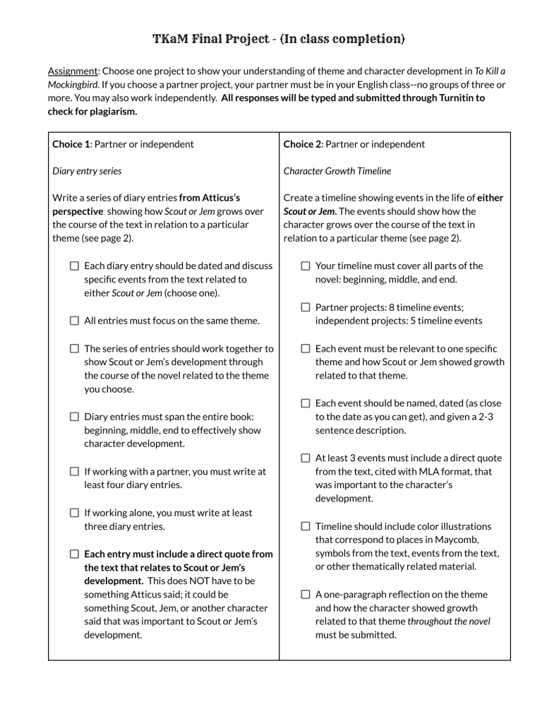 To Kill a Mockingbird Project Assignment