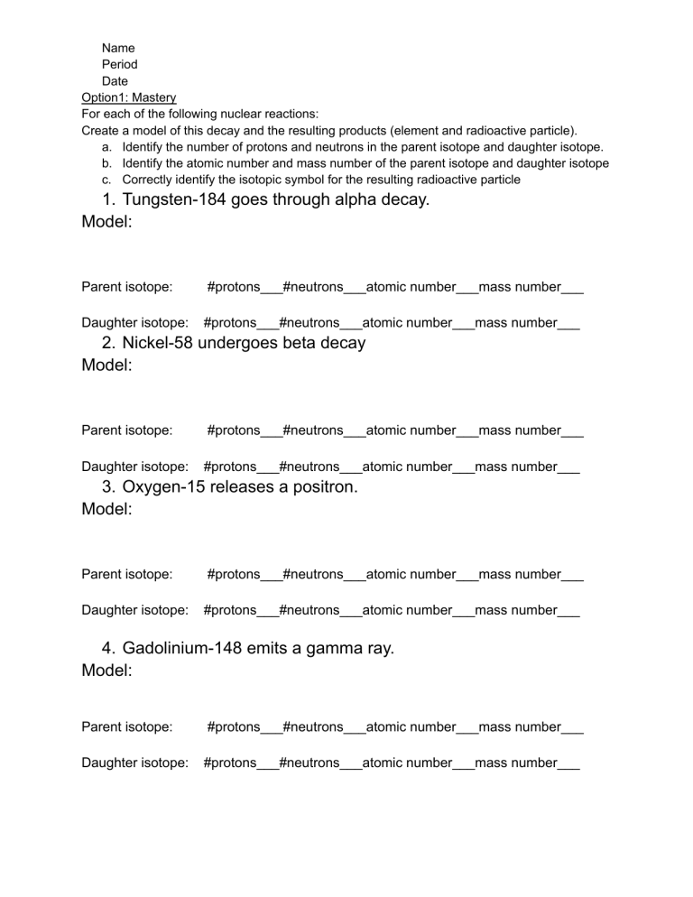 Nuclear Decay Worksheet: Alpha, Beta, Positron, Gamma