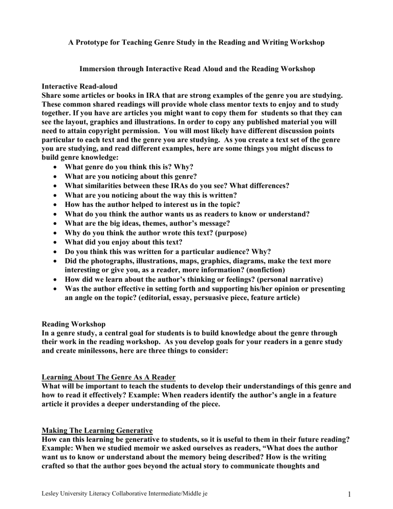 Genre Study Prototype for Reading & Writing Workshop