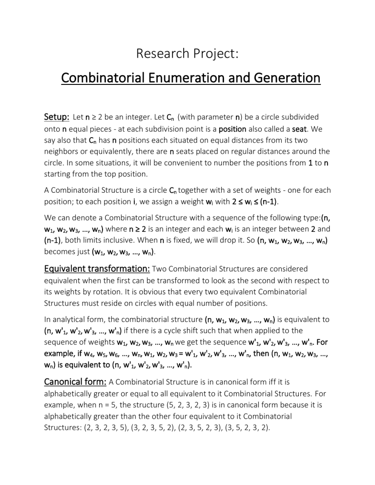 Combinatorial Enumeration and Generation Research Project