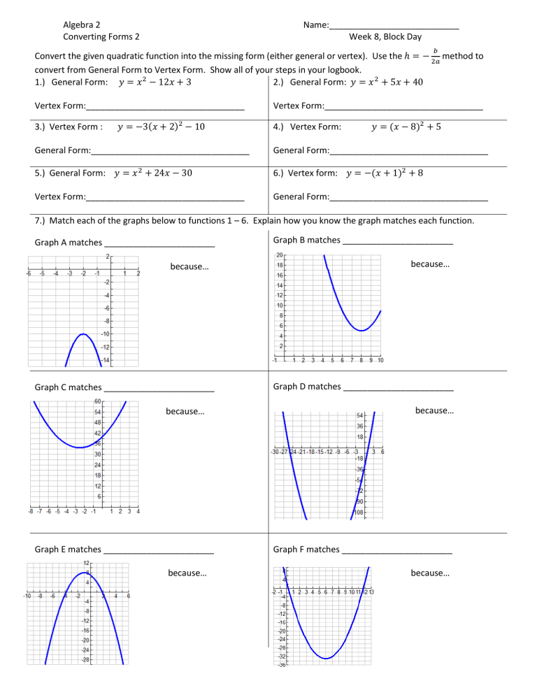 Algebra 2: Converting Quadratic Forms Worksheet