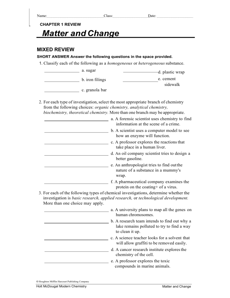 Chemistry Review Worksheet: Matter & Change