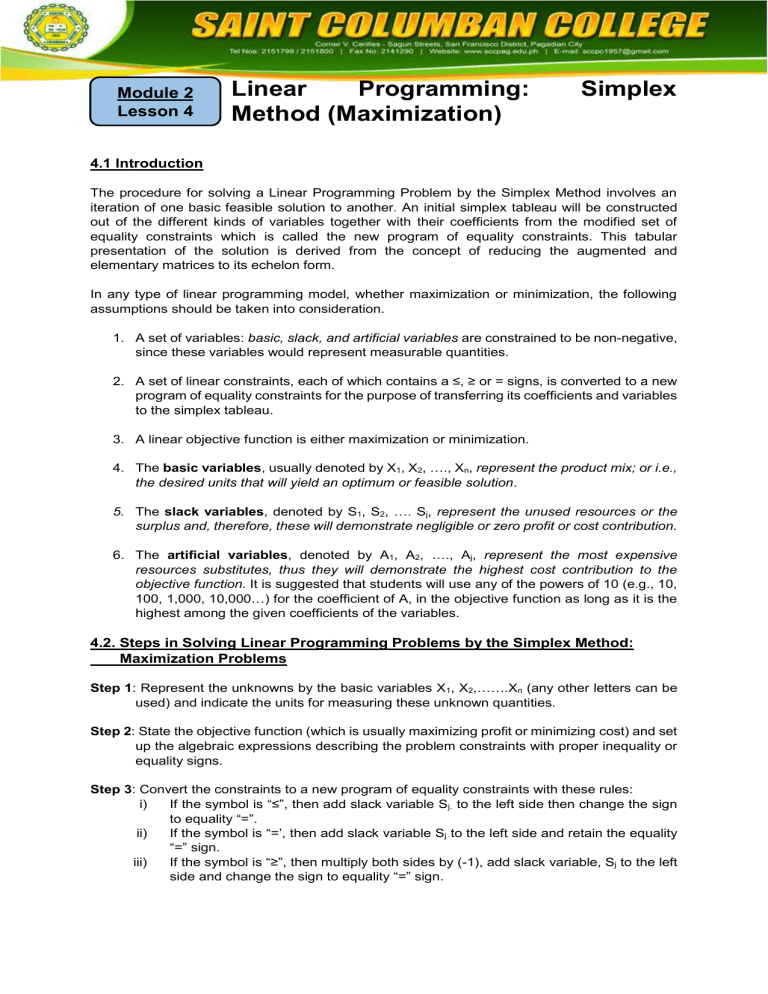 Linear Programming Simplex Method Maximization Lesson