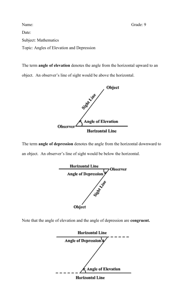 Angles of Elevation and Depression Worksheet
