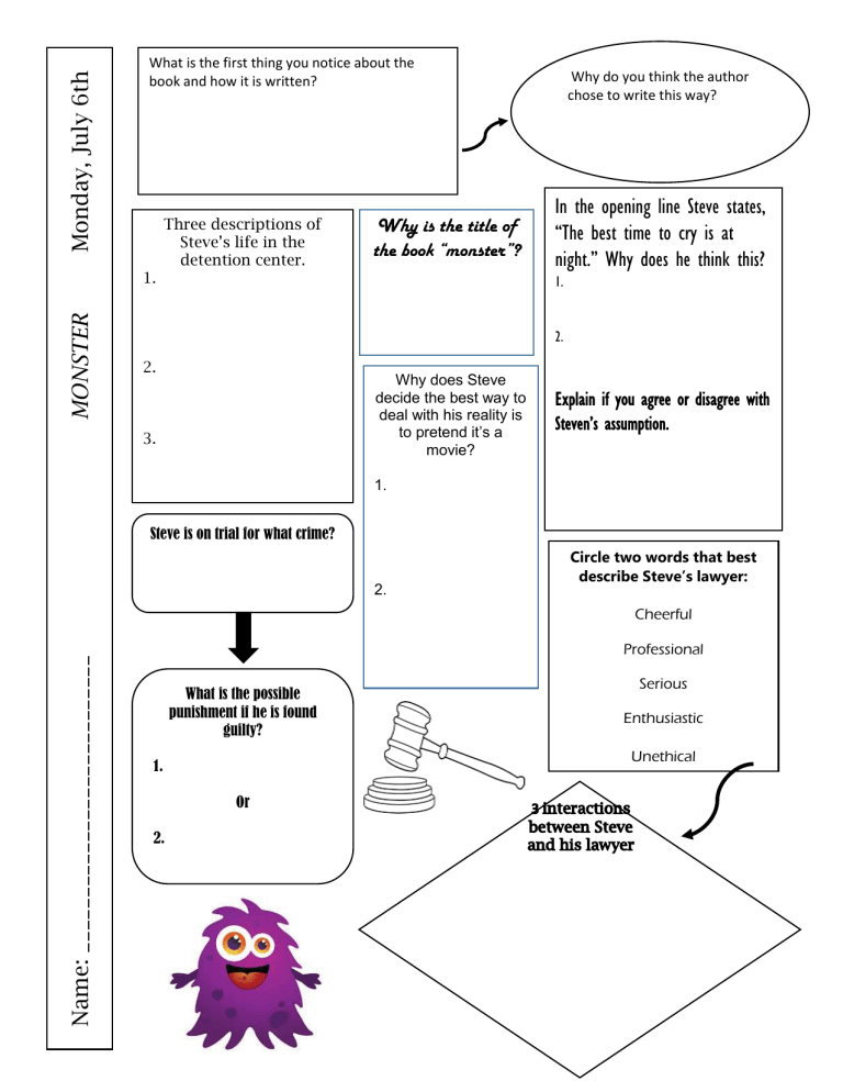 "Monster" Novel Study Worksheet