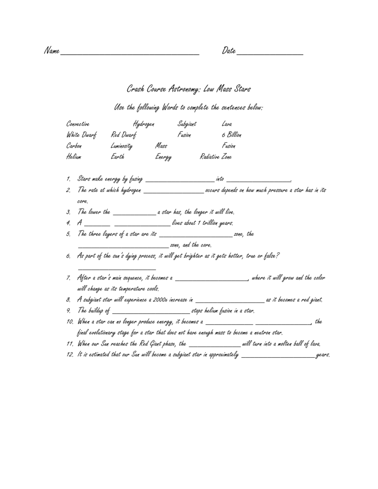 Low Mass Stars Worksheet: Astronomy Basics