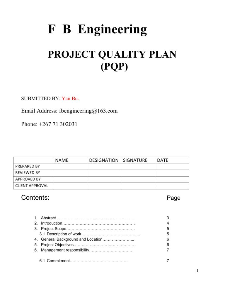 Project Quality Plan (PQP) - F B Engineering