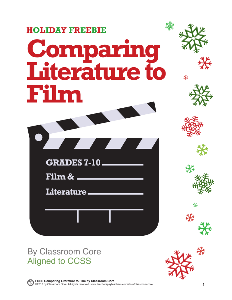 Literature to Film Comparison Worksheet (Grades 7-10)