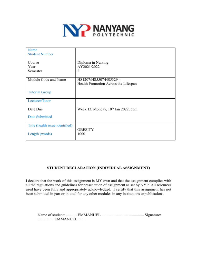 Nursing Assignment Cover Sheet: Obesity