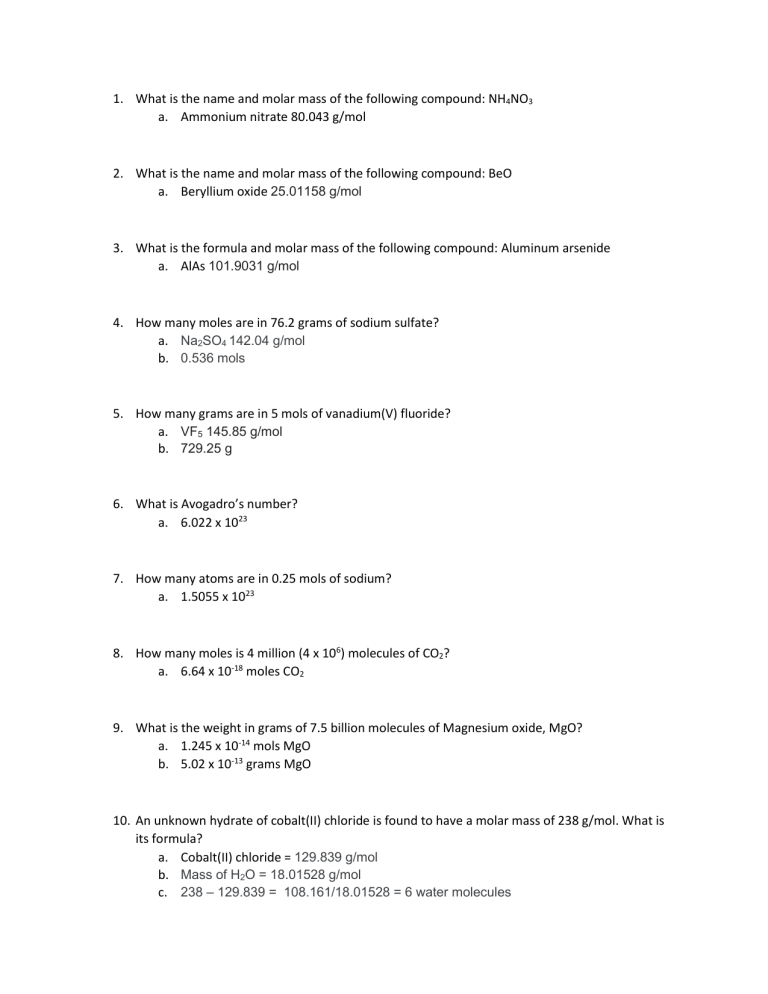 Chemistry Practice Problems: Molar Mass & Conversions