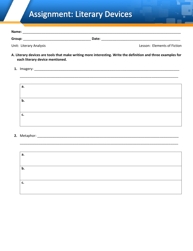 Literary Devices Worksheet: Imagery, Metaphor, Simile