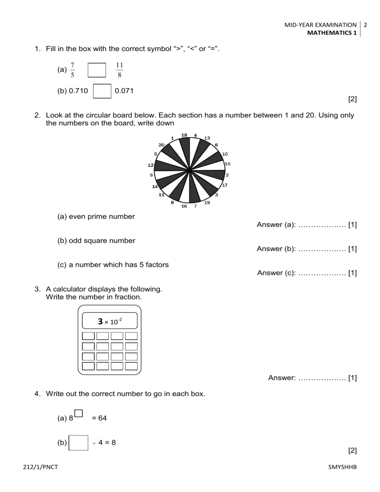 Mathematics 1 Mid-Year Exam - Middle School