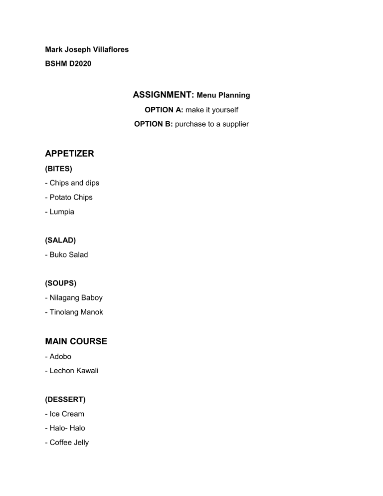 Menu Planning Assignment: Culinary Course