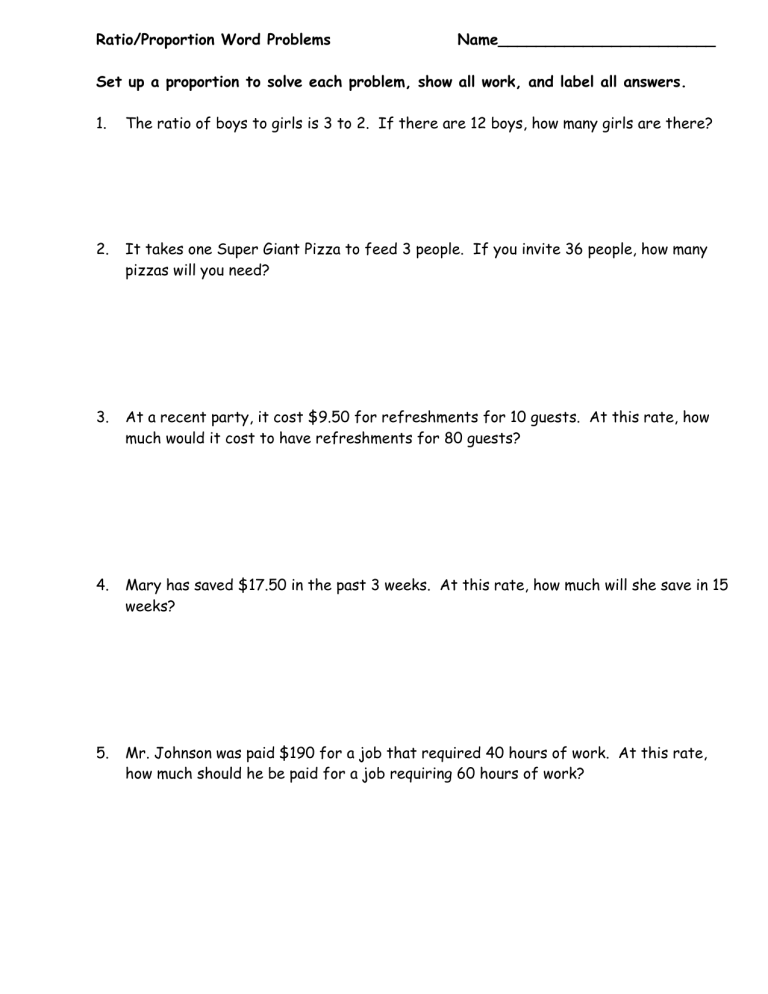 Ratio & Proportion Word Problems Worksheet