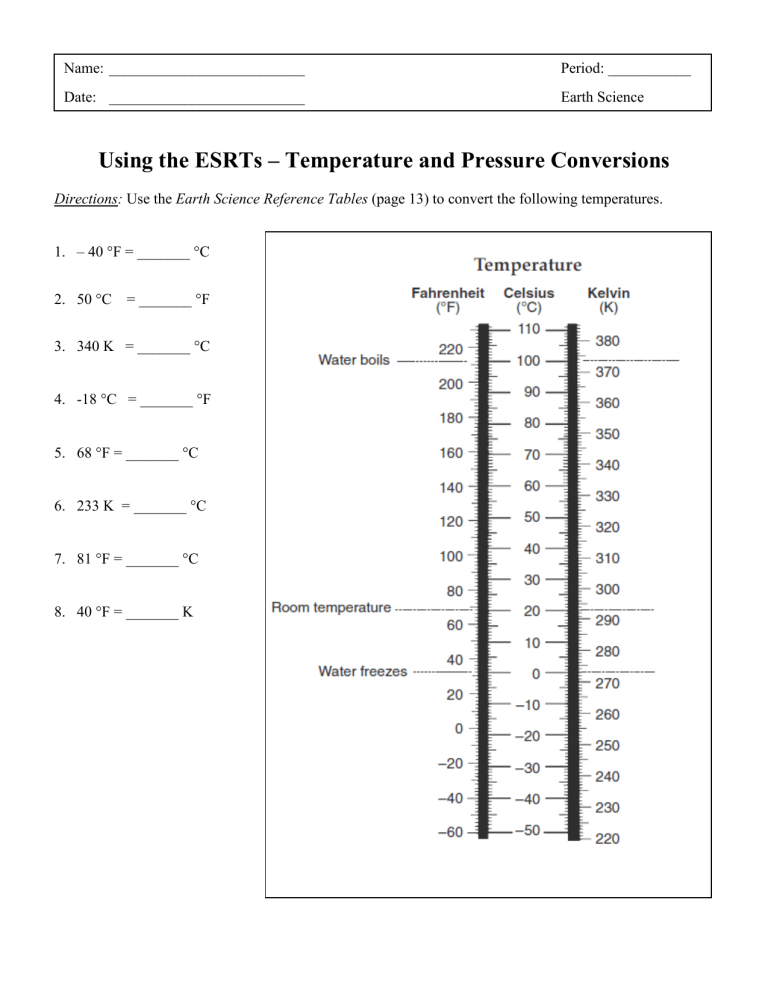 Earth Science Temperature & Pressure Conversions Worksheet