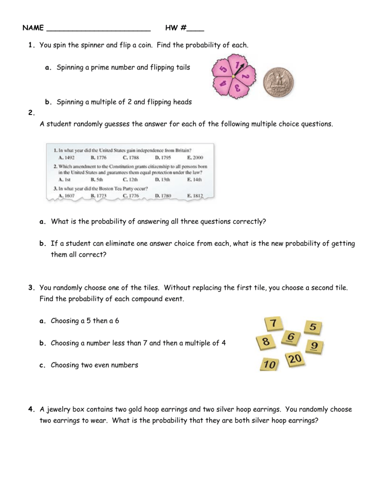 Probability Worksheet: Spinner, Coins, Tiles, Earrings