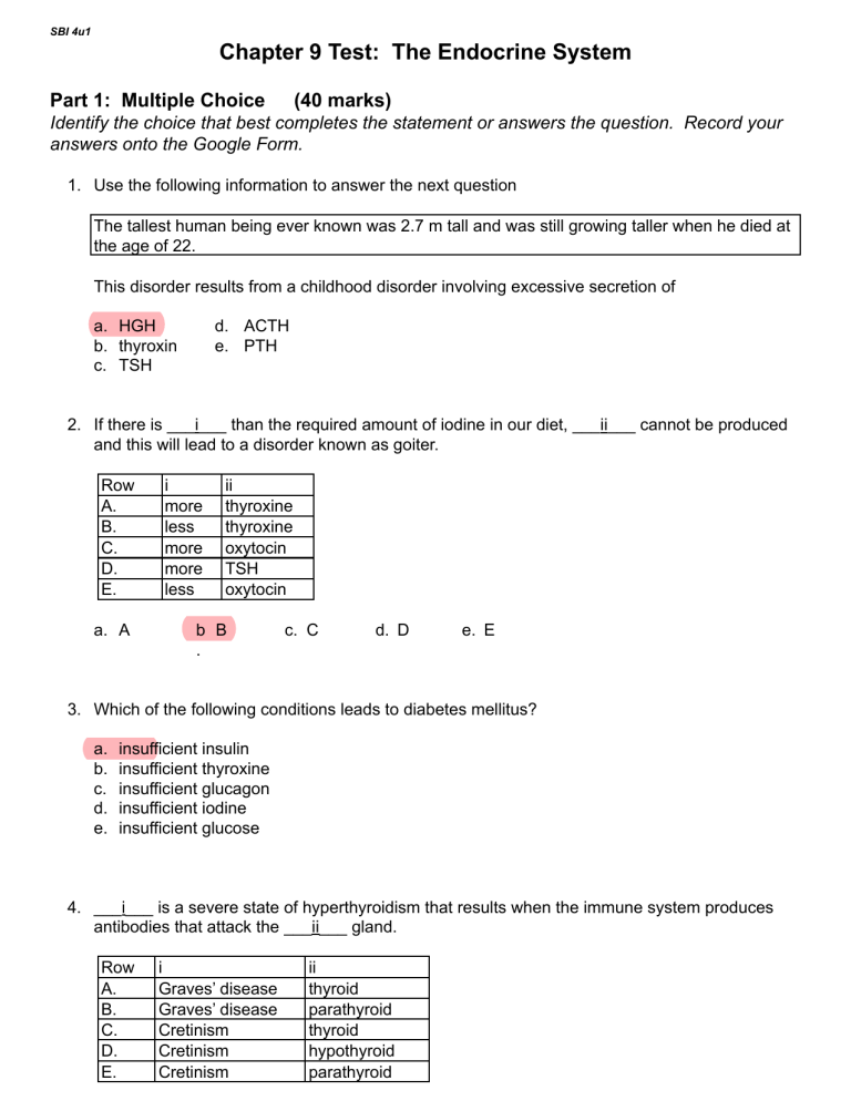 Endocrine System Test: Multiple Choice Questions