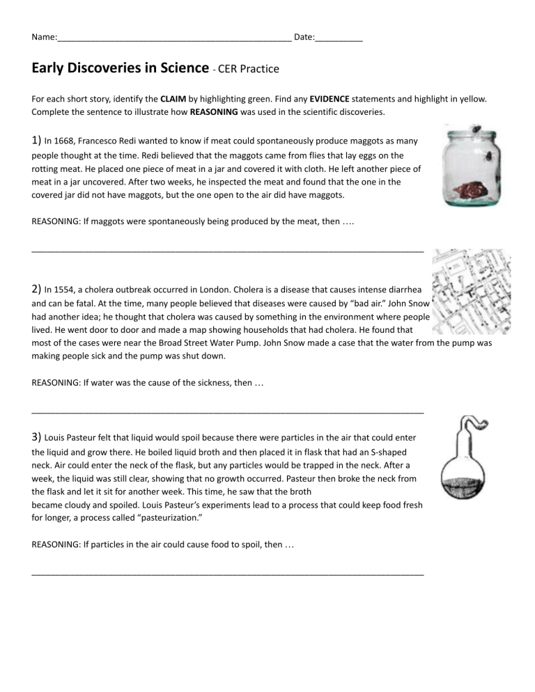 Early Science Discoveries: CER Practice Worksheet